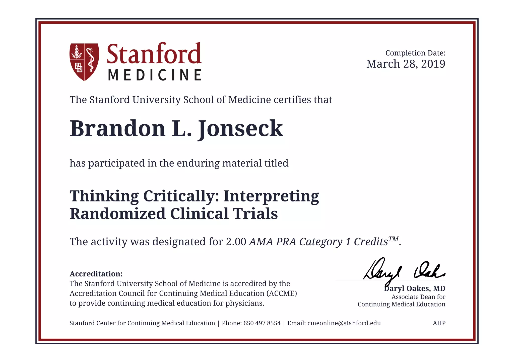 Stanford medical school certificate thinking critically interpreting ...