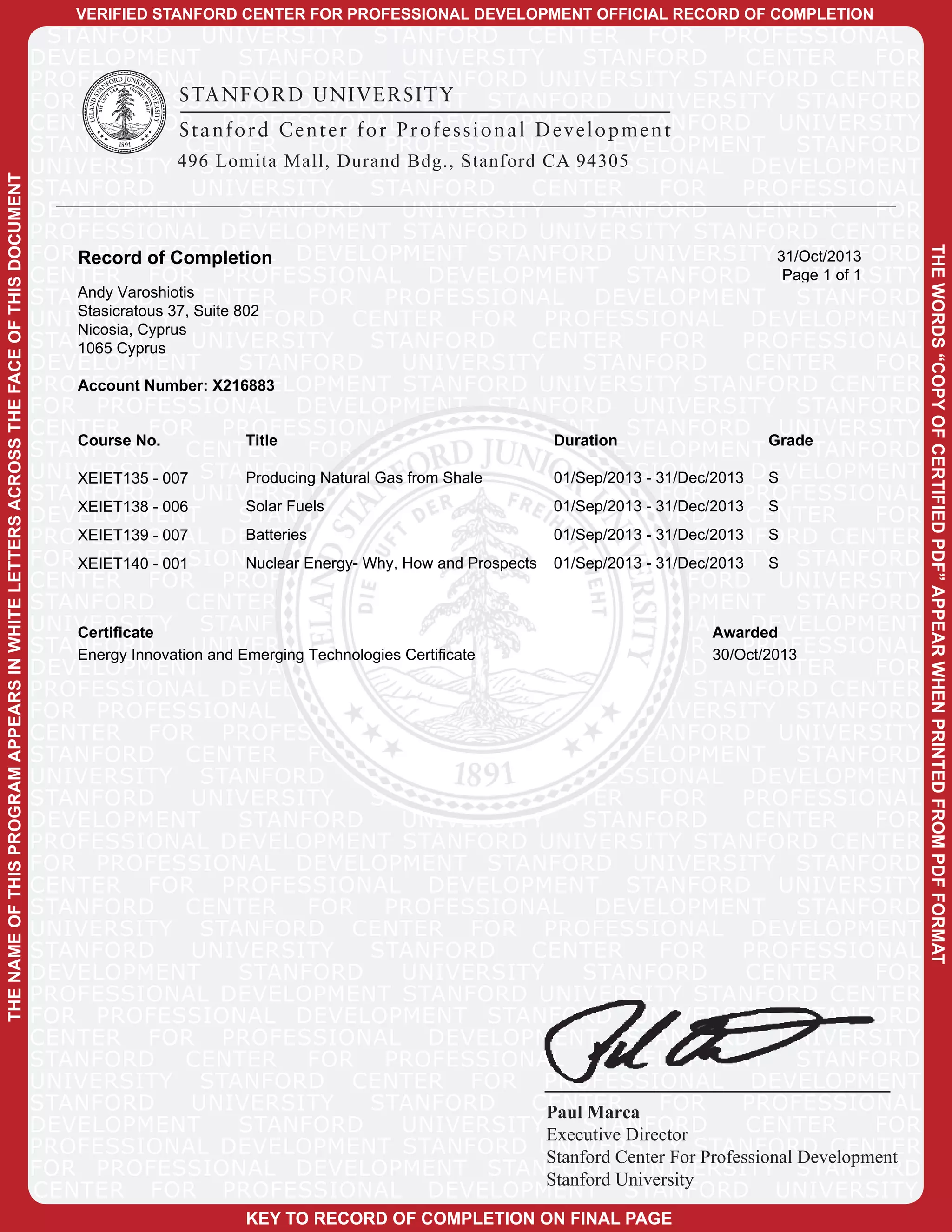 Stanford University Energy & Technology Innovation Certificate | PDF