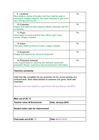 Pre-Production Tasks Feedback | PDF