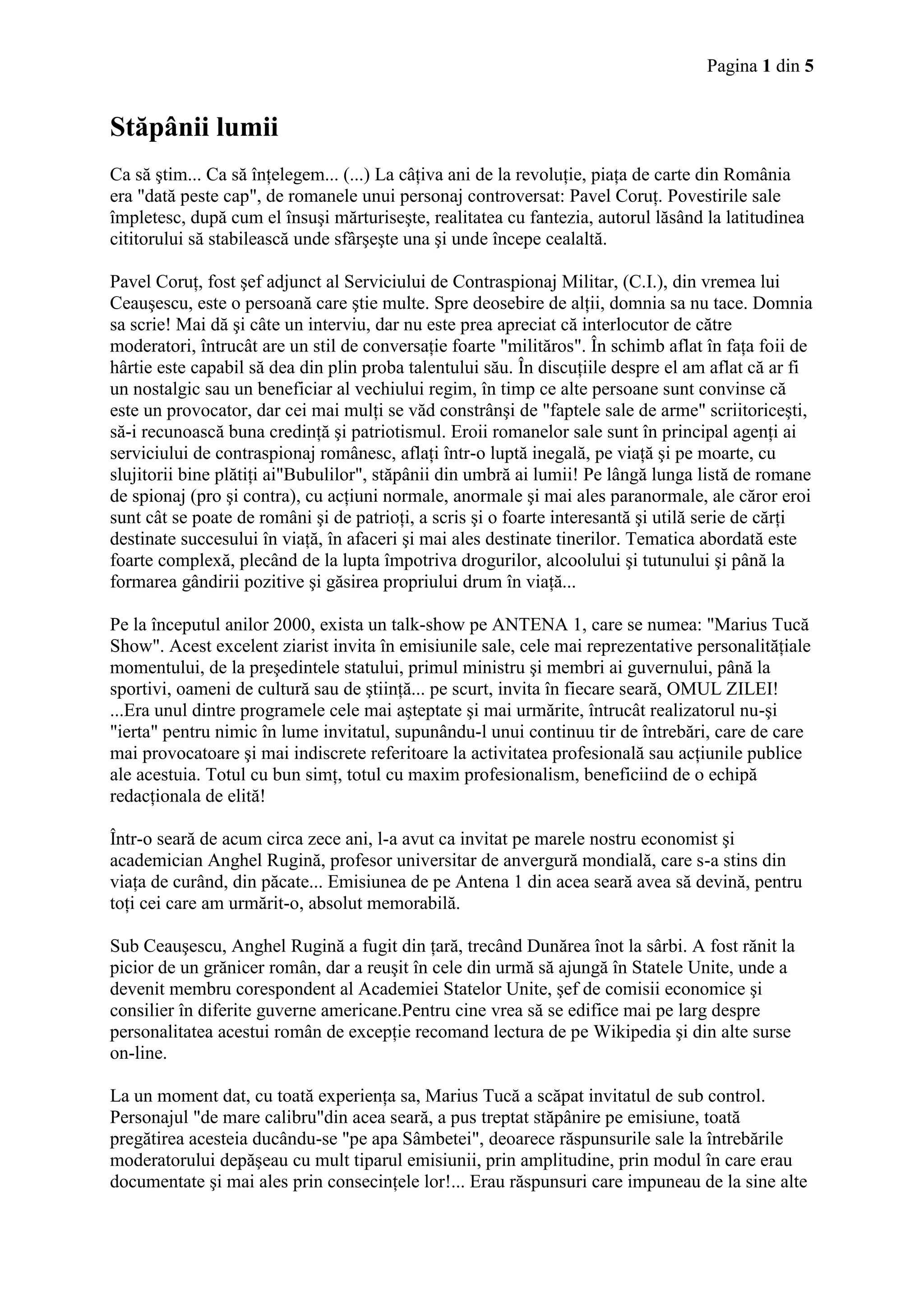 Stapanii lumii in viziunea academicianului Anghel Rugina | PDF