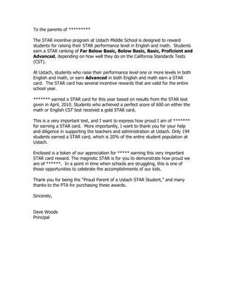 Star card parent letter | DOC | Education