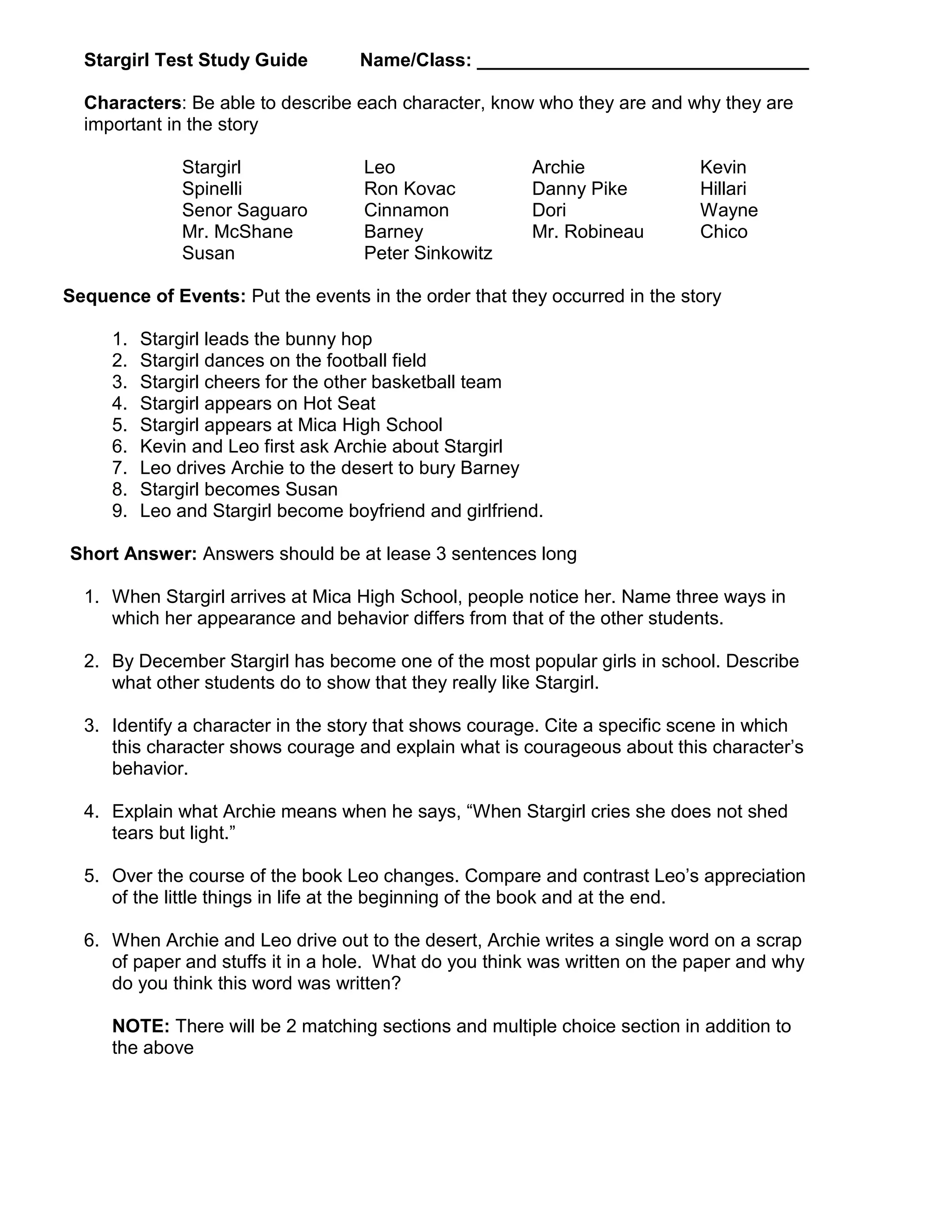 Stargirl FINAL EXAM Study Guide | DOCX