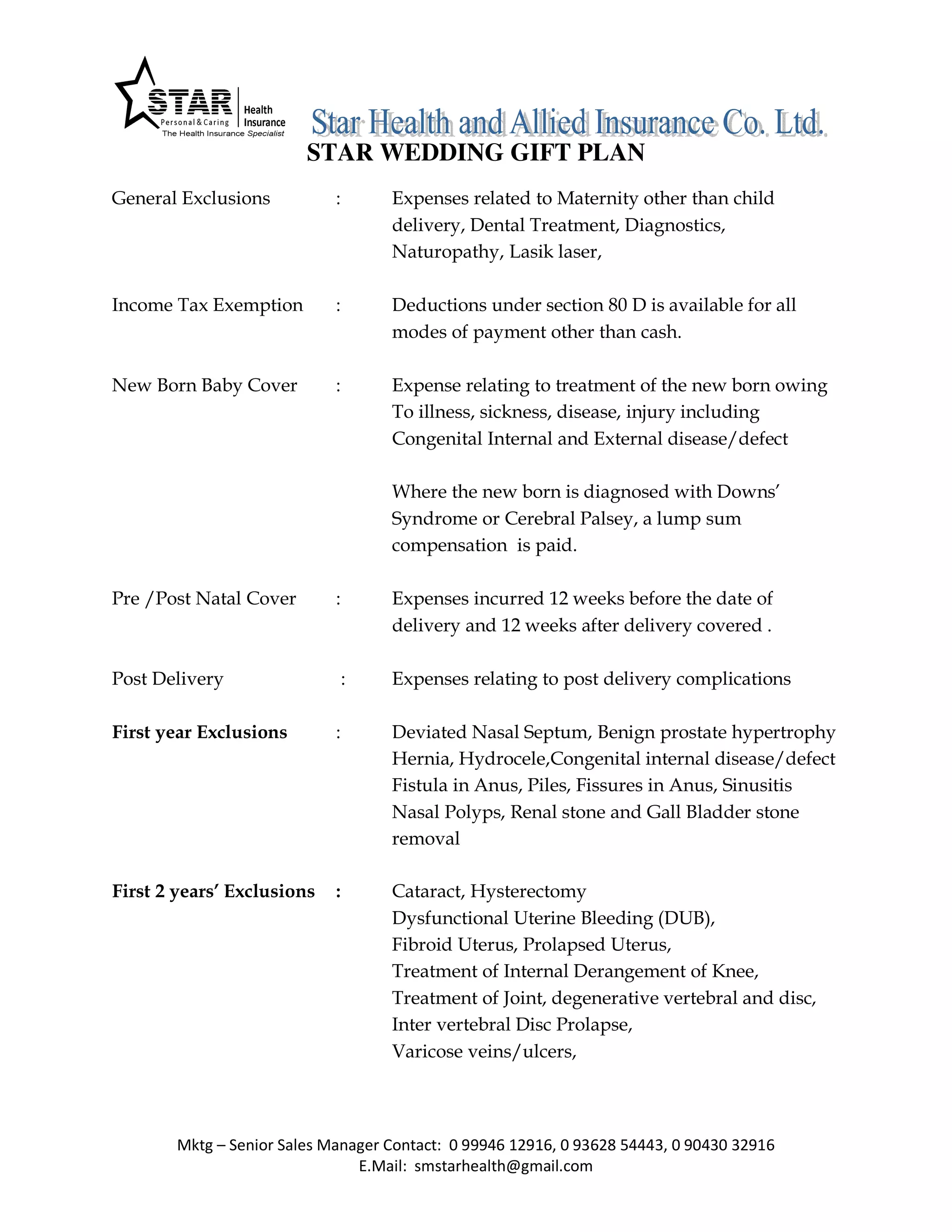 Star health wedding gift policy [pregnancy cover] | PDF