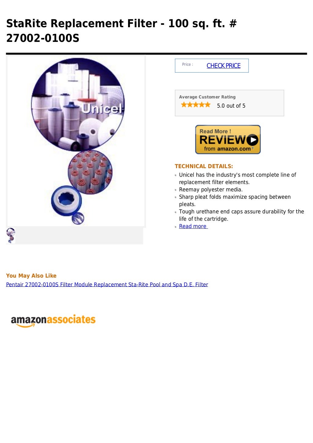 Sta rite replacement filter 100 sq. ft. # 27002-0100s