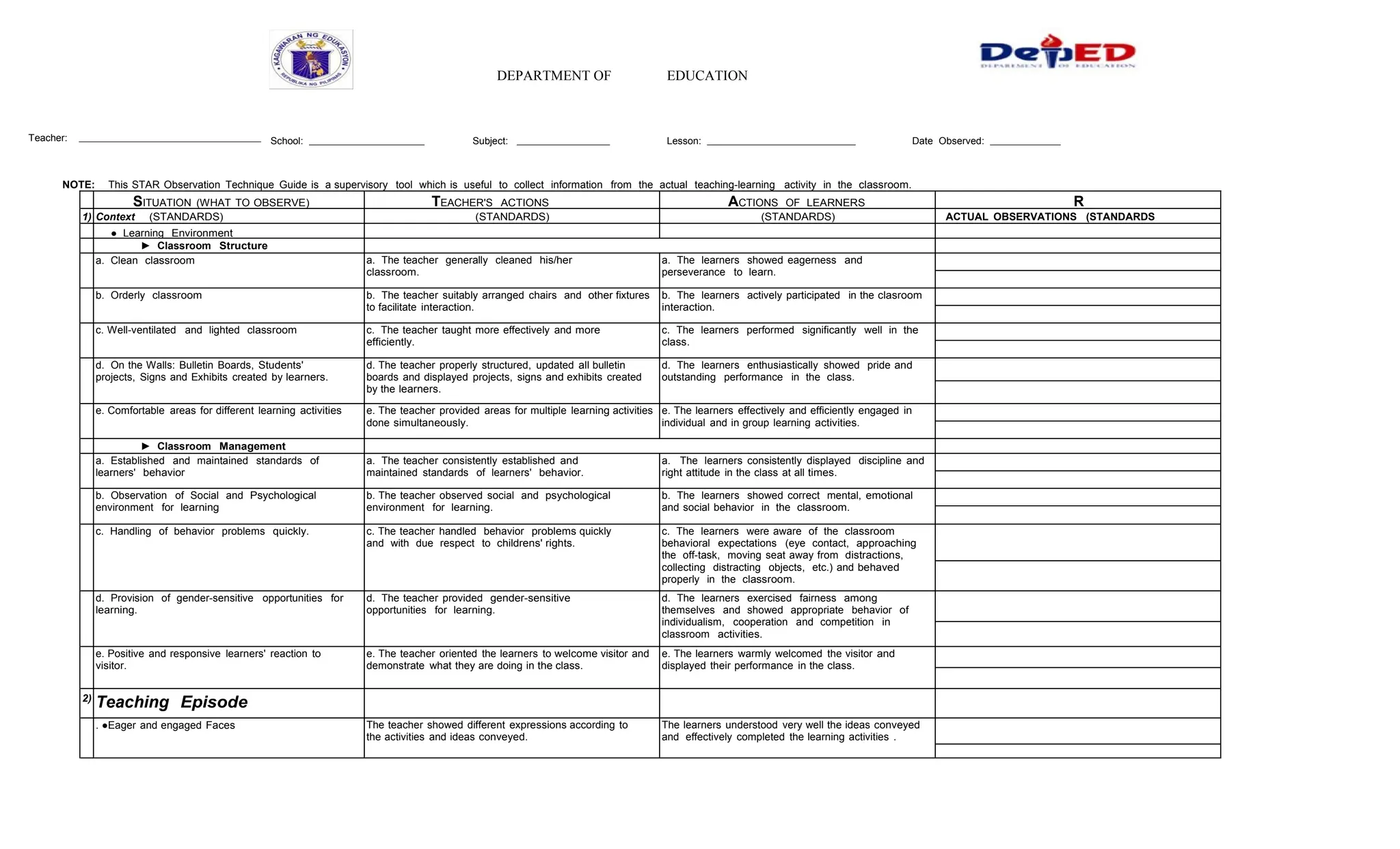 STAR Observation Technique use for checklist | DOCX