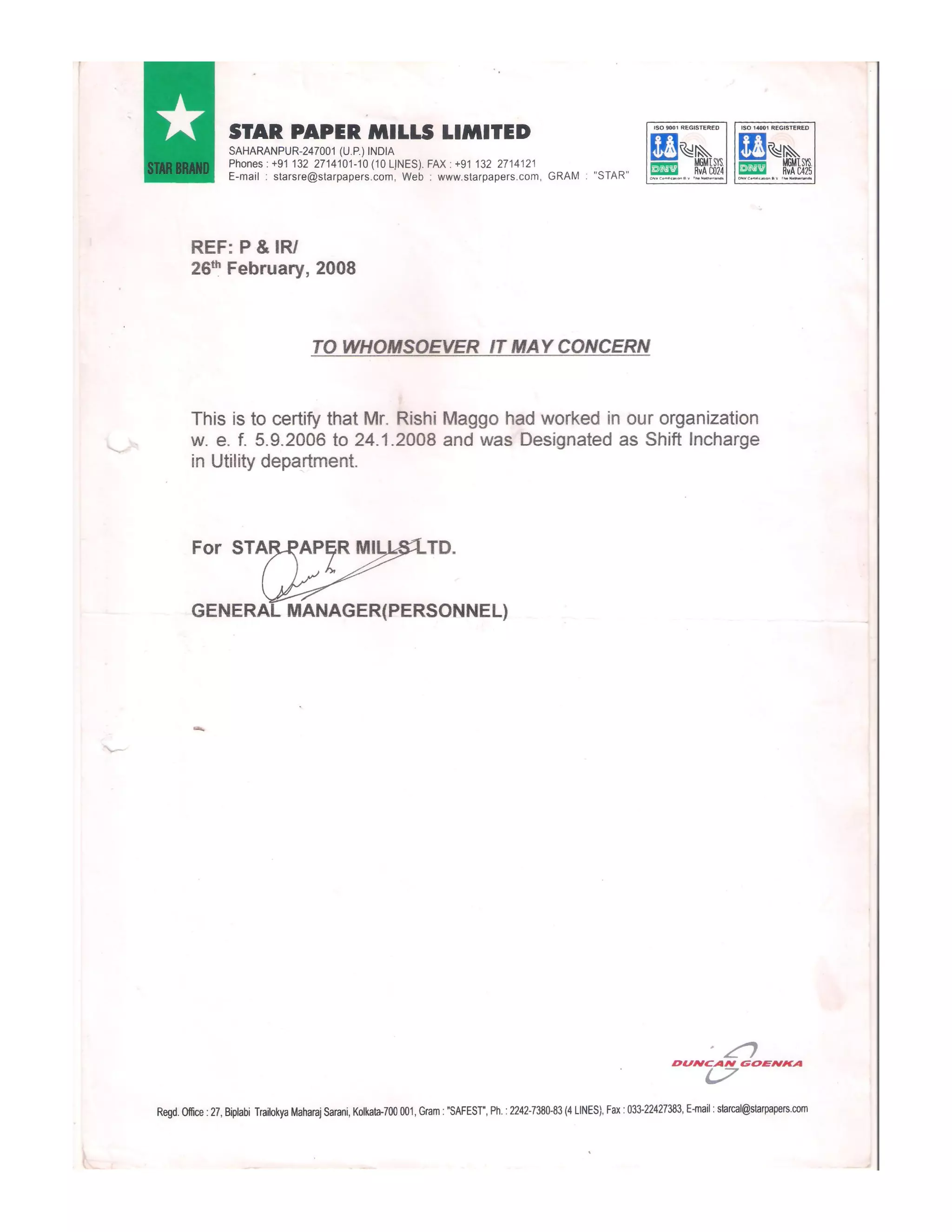 Star Paper Mill exp.cert