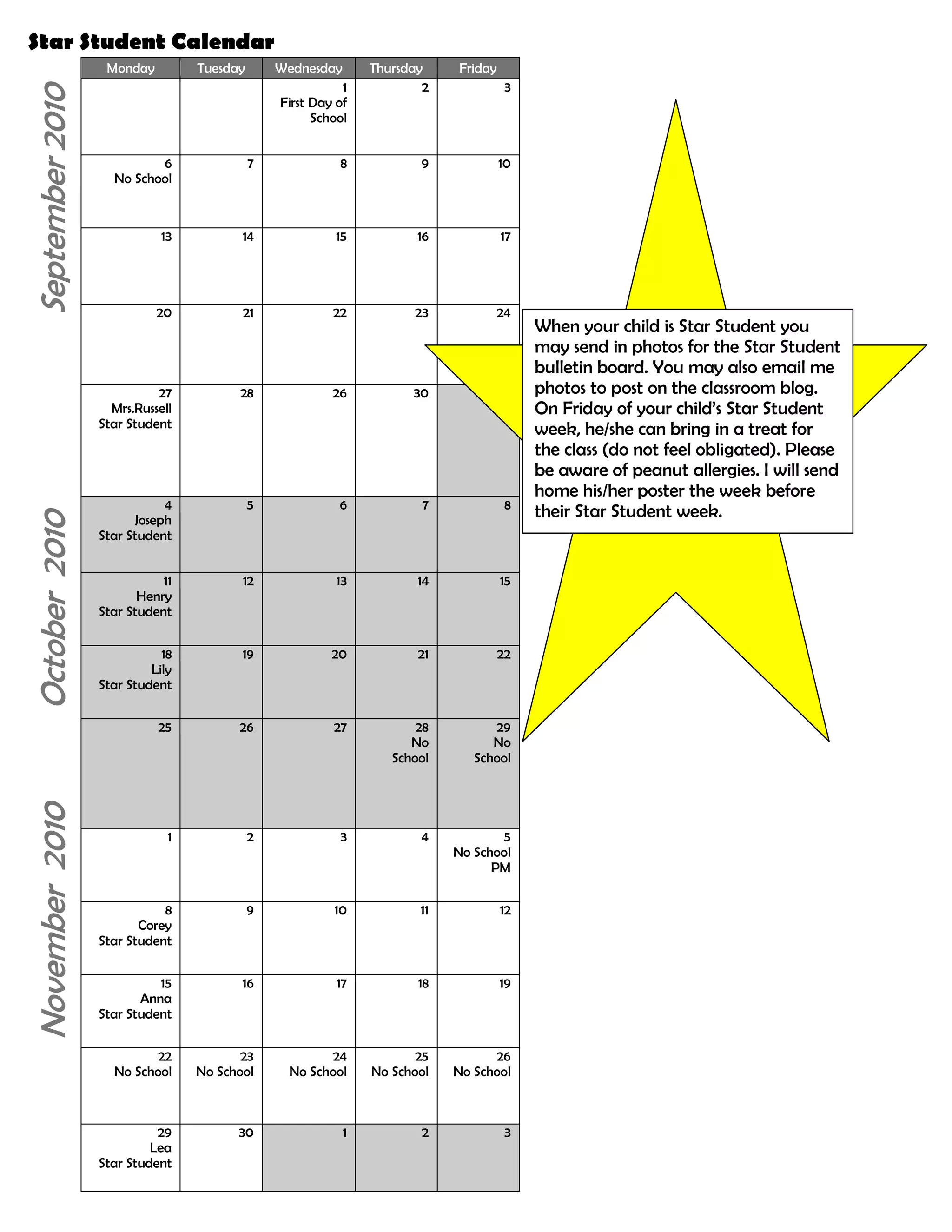 Star student calendar 10 11 | DOCX