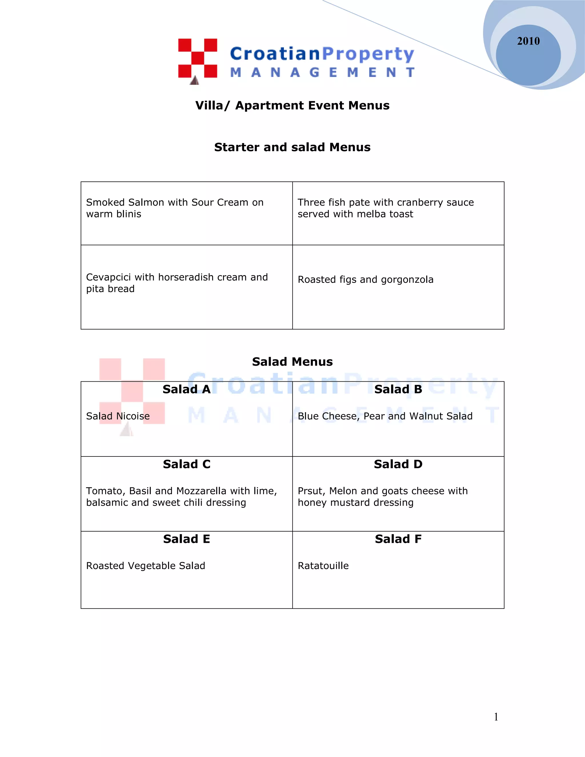 Starter Salad Sample Menus | PDF