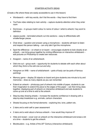Starter Activity Ideas-Art Secondary Education | DOC