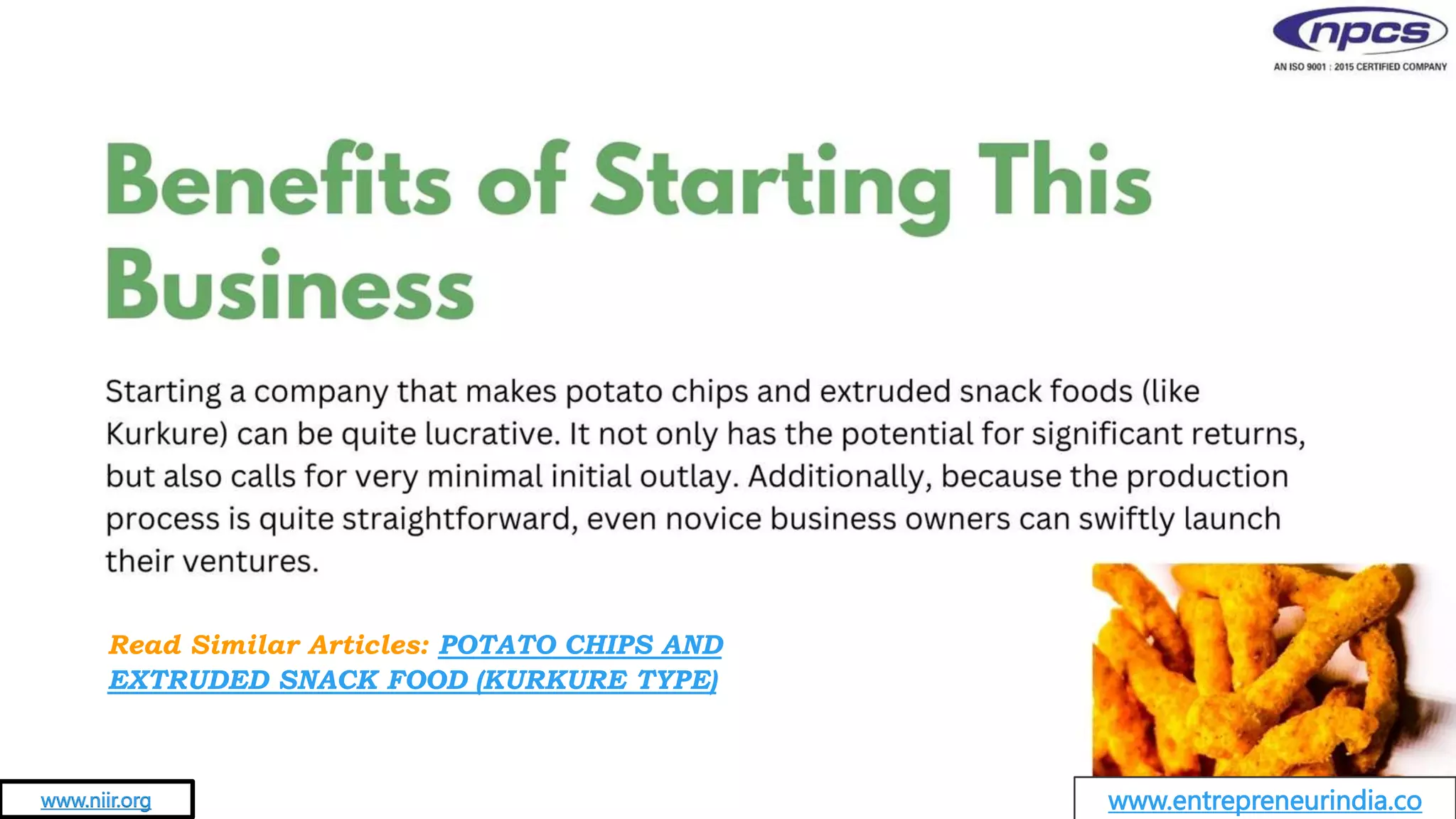 Start Production of Potato Chips And Extruded Snack Food (Kurkure Type ...