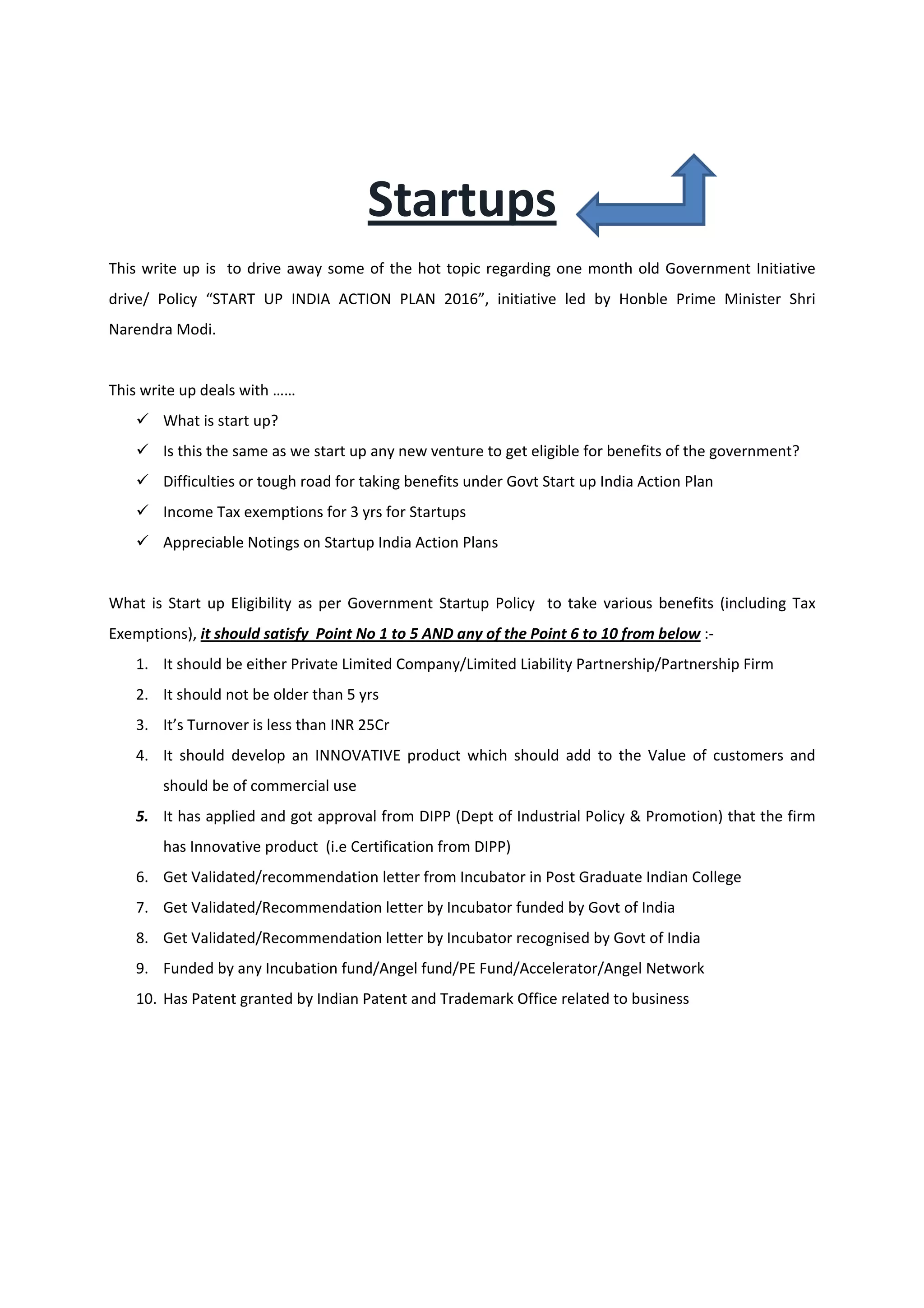 Startups -(Glimpse of Startup India Action Plan 2016 - Govt Initiative) | PDF