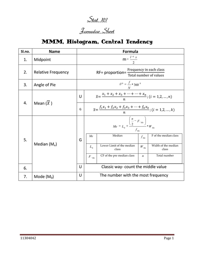 Stat 101 formulae sheet | DOCX | Physics | Science