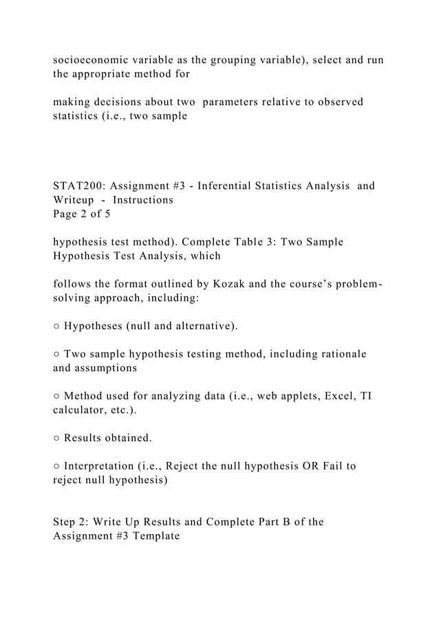 STAT200 Assignment #3 - Inferential Statistics Analysis an.docx | Educational Assessment | Education