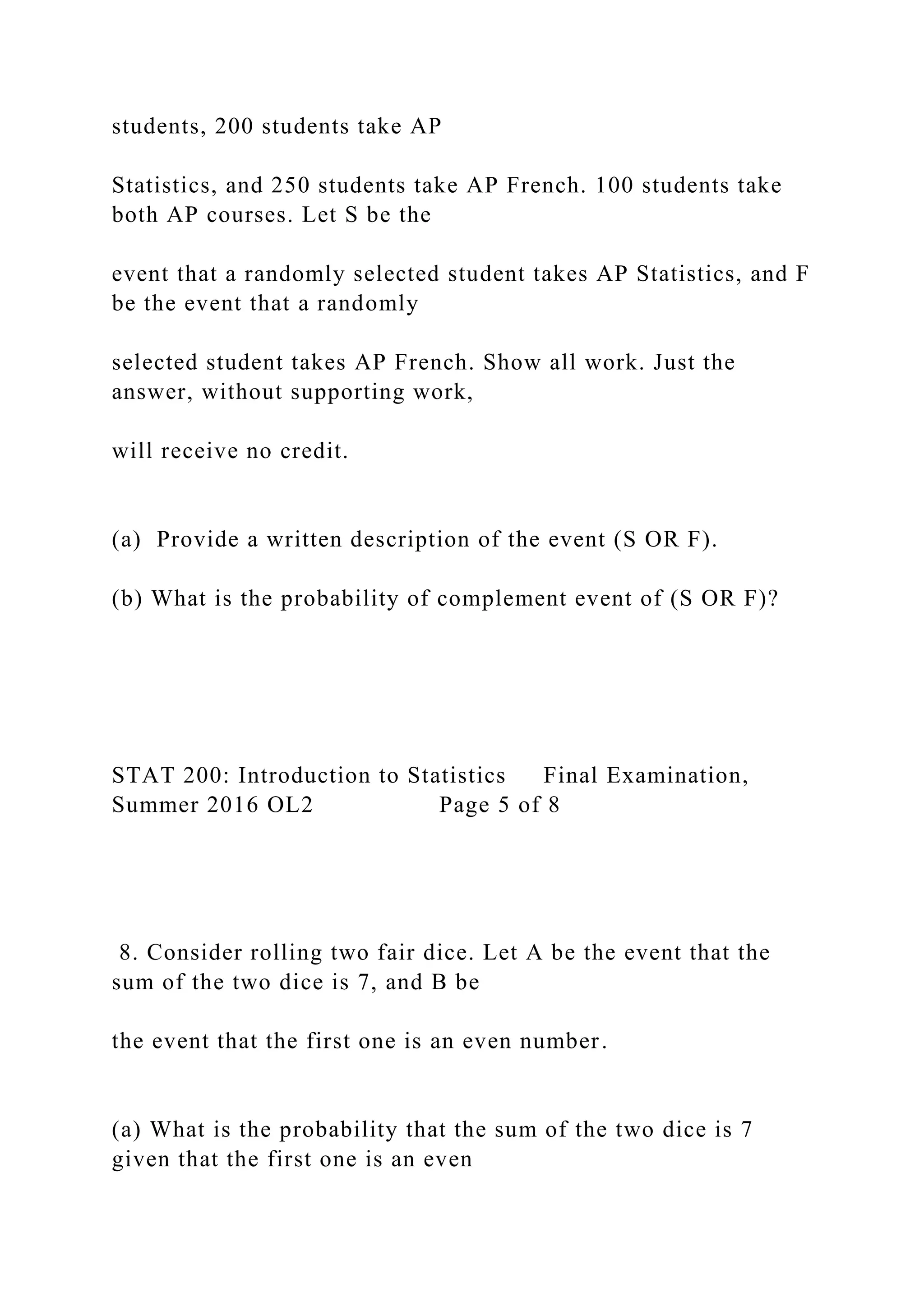 Stat 200 Introduction To Statistics Final Examination Sudocx
