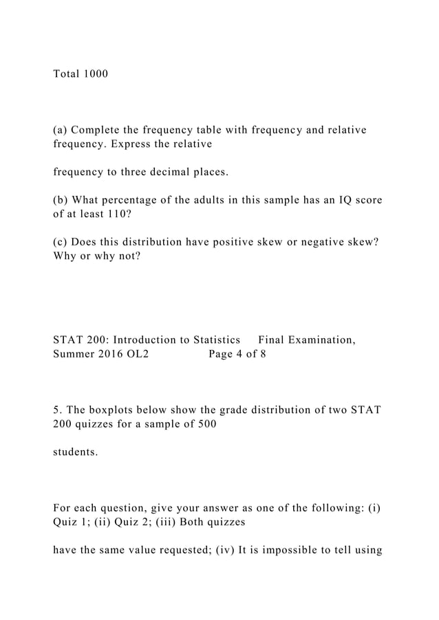 Stat 200 Introduction To Statistics Final Examination Sudocx