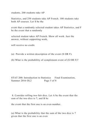 STAT 200 Introduction to Statistics Final Examination, Su.docx