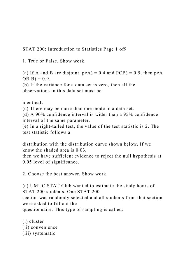 STAT 200 Introduction to Statistics Page 1 of91. True or .docx