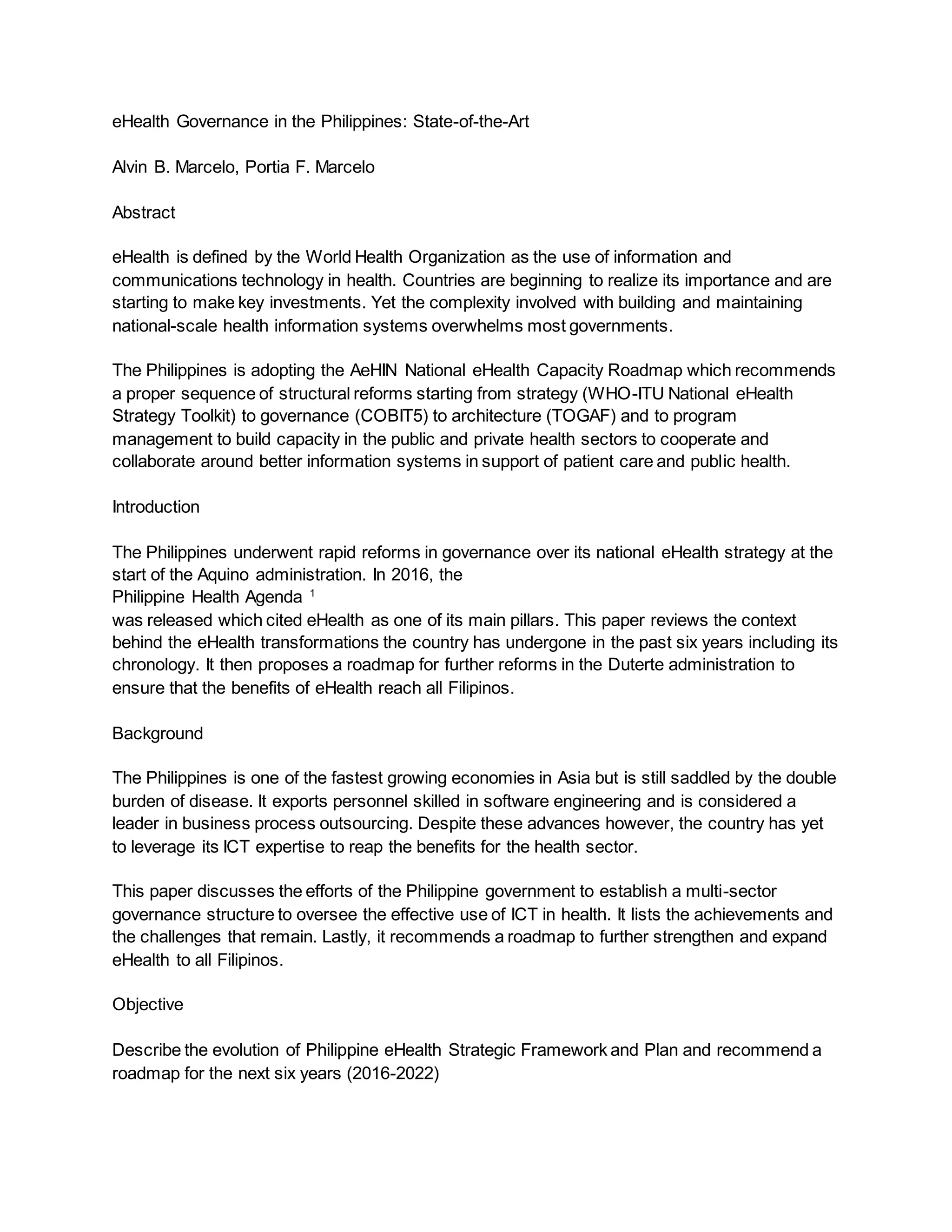 State of-the-Art of eHealth Governance in the Philippines | DOCX