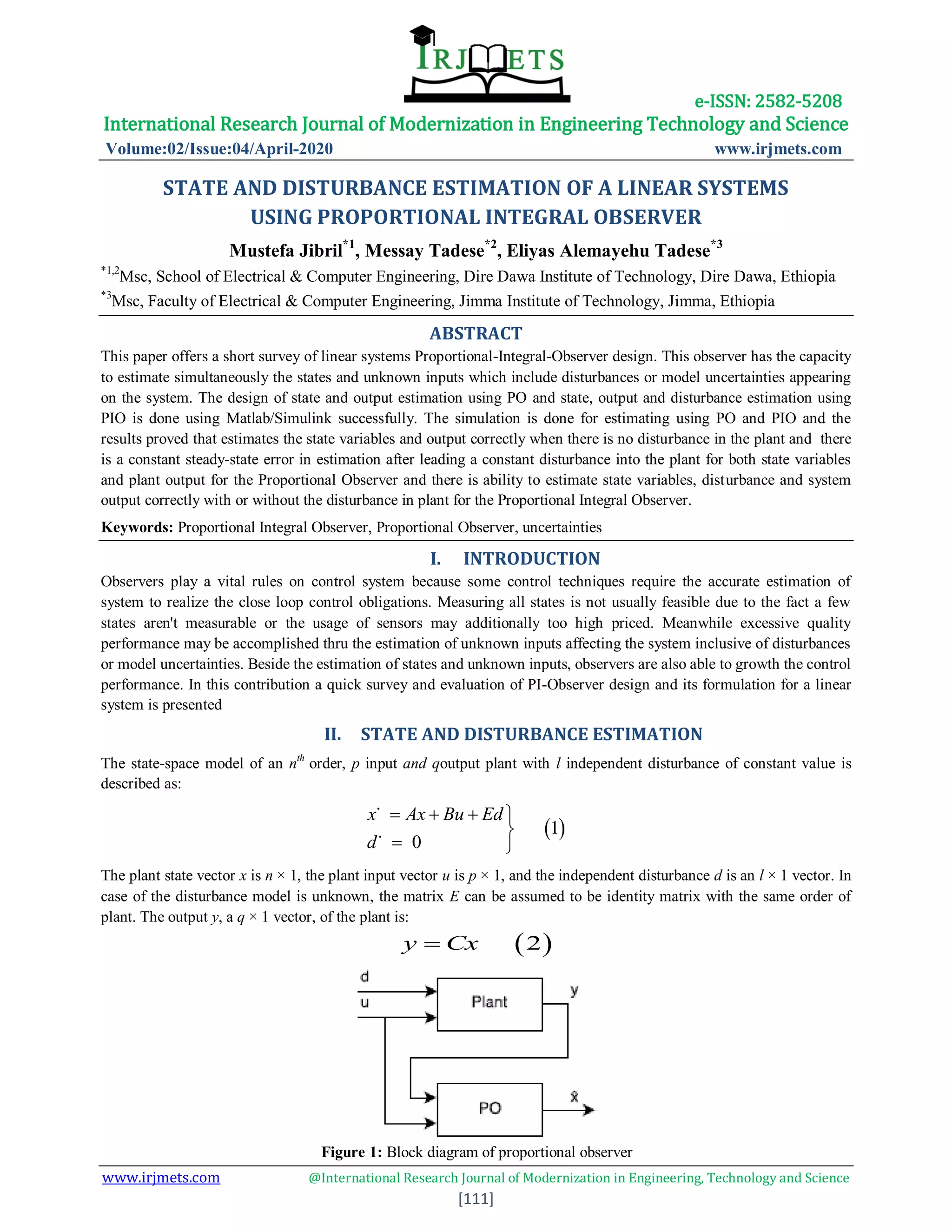 State and disturbance estimation of a linear systems using proportional integral observer | PDF