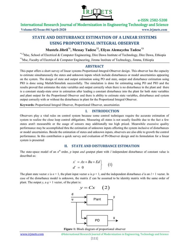 State And Disturbance Estimation Of A Linear Systems Using Proportional Integral Observer Pdf