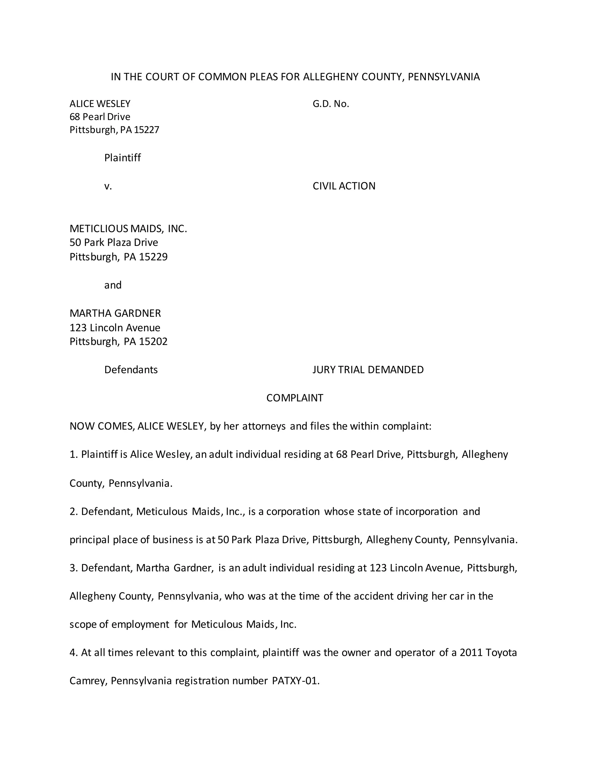 Pennsylvania Personal Injury Complaint | DOCX