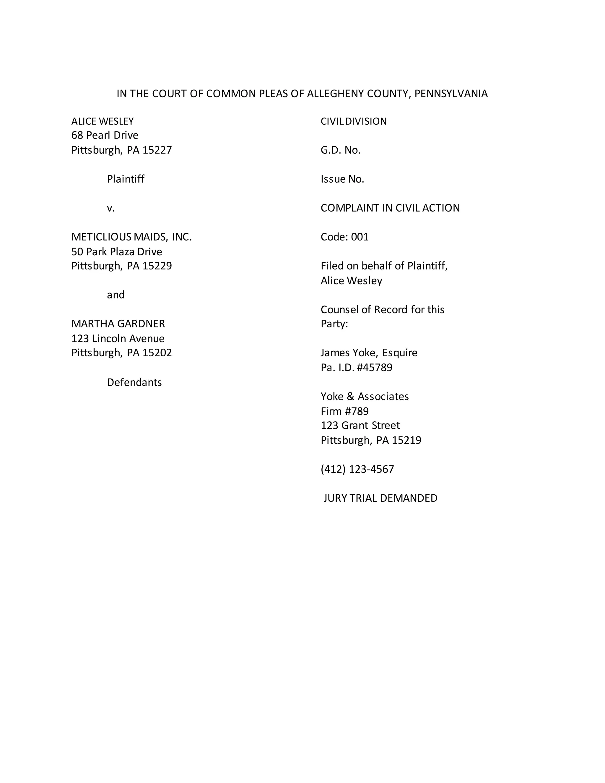 Pennsylvania Personal Injury Complaint | DOCX