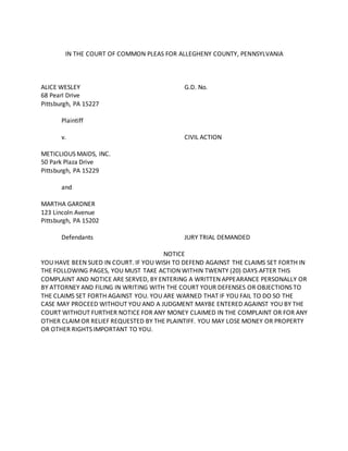 Pennsylvania Personal Injury Complaint | DOCX