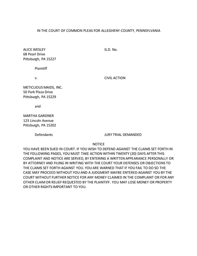 Pennsylvania Personal Injury Complaint | DOCX | Injuries | Diseases and ...