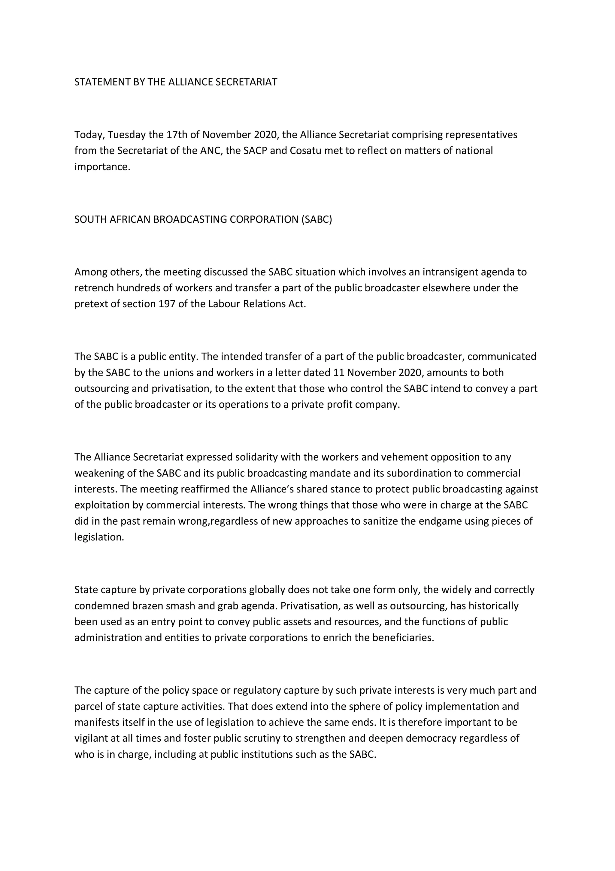 Statement by the alliance secretariat anc cosatu sacp | PDF