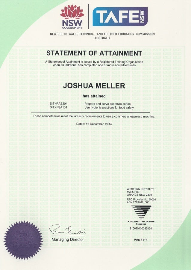 Statement of attainment prepare and serve espresso coffee, use hygien…