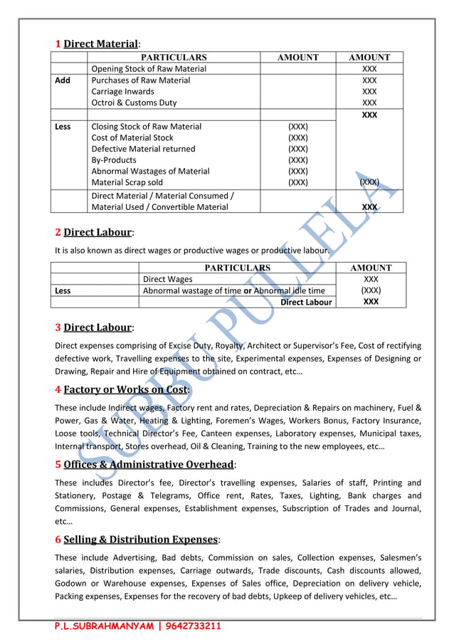 Statement of cost sheet | PDF
