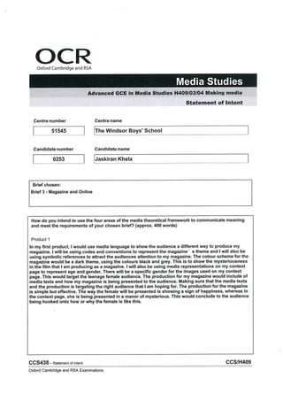 Statement of Intent - Final OCR A level Media | PDF