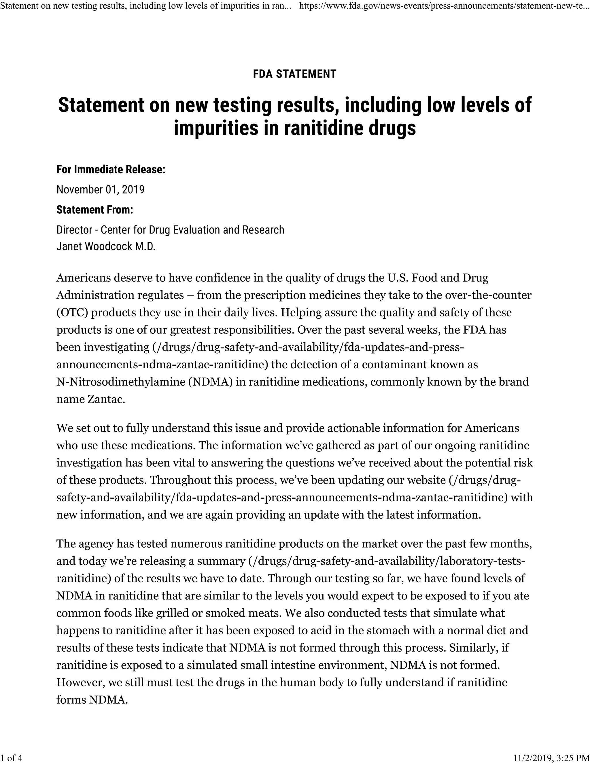 Statement on new testing results, including low levels of impurities in ...