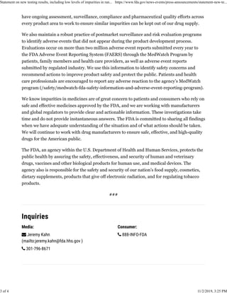 Statement on new testing results, including low levels of impurities in ...