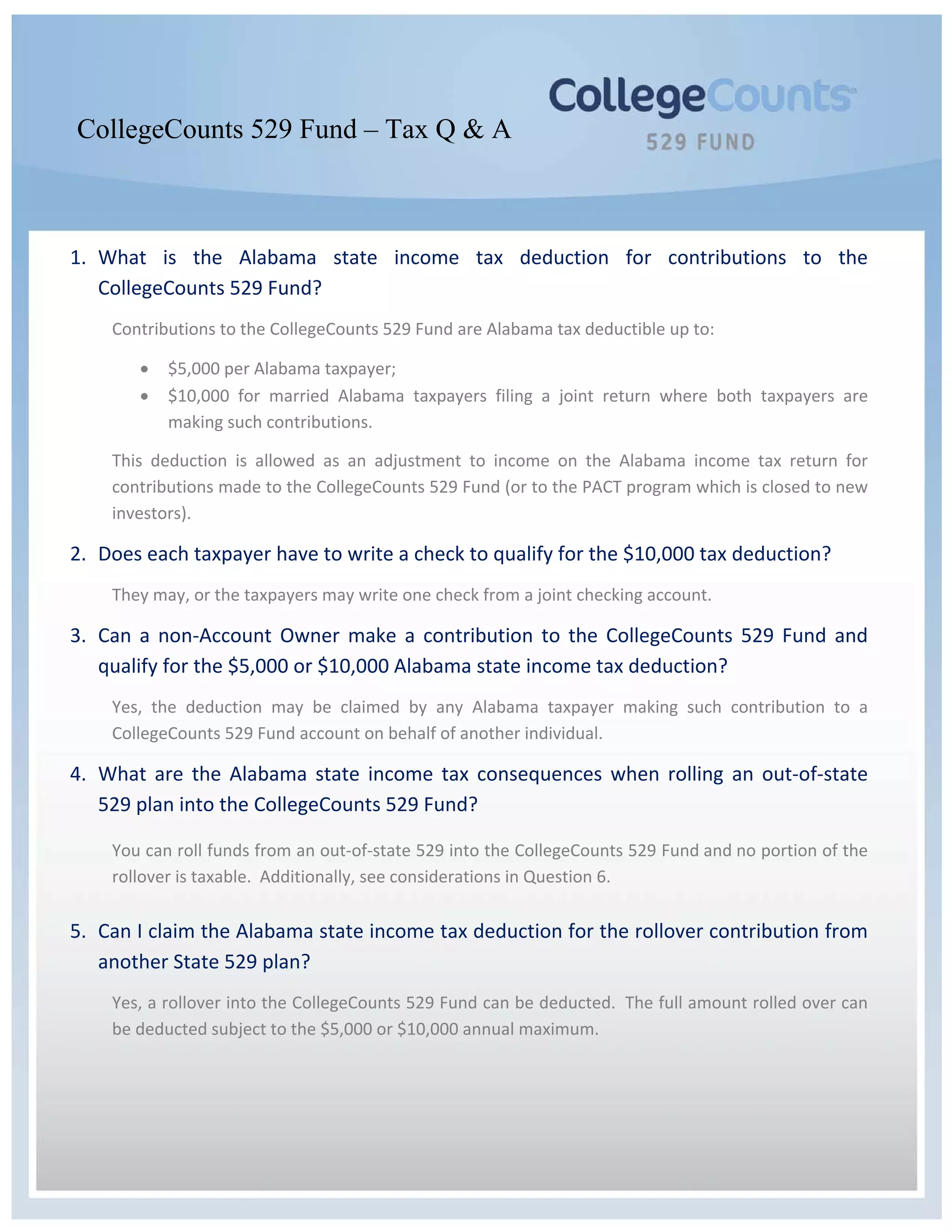State of Alabama College Counts 529 Tax Q&A | PDF