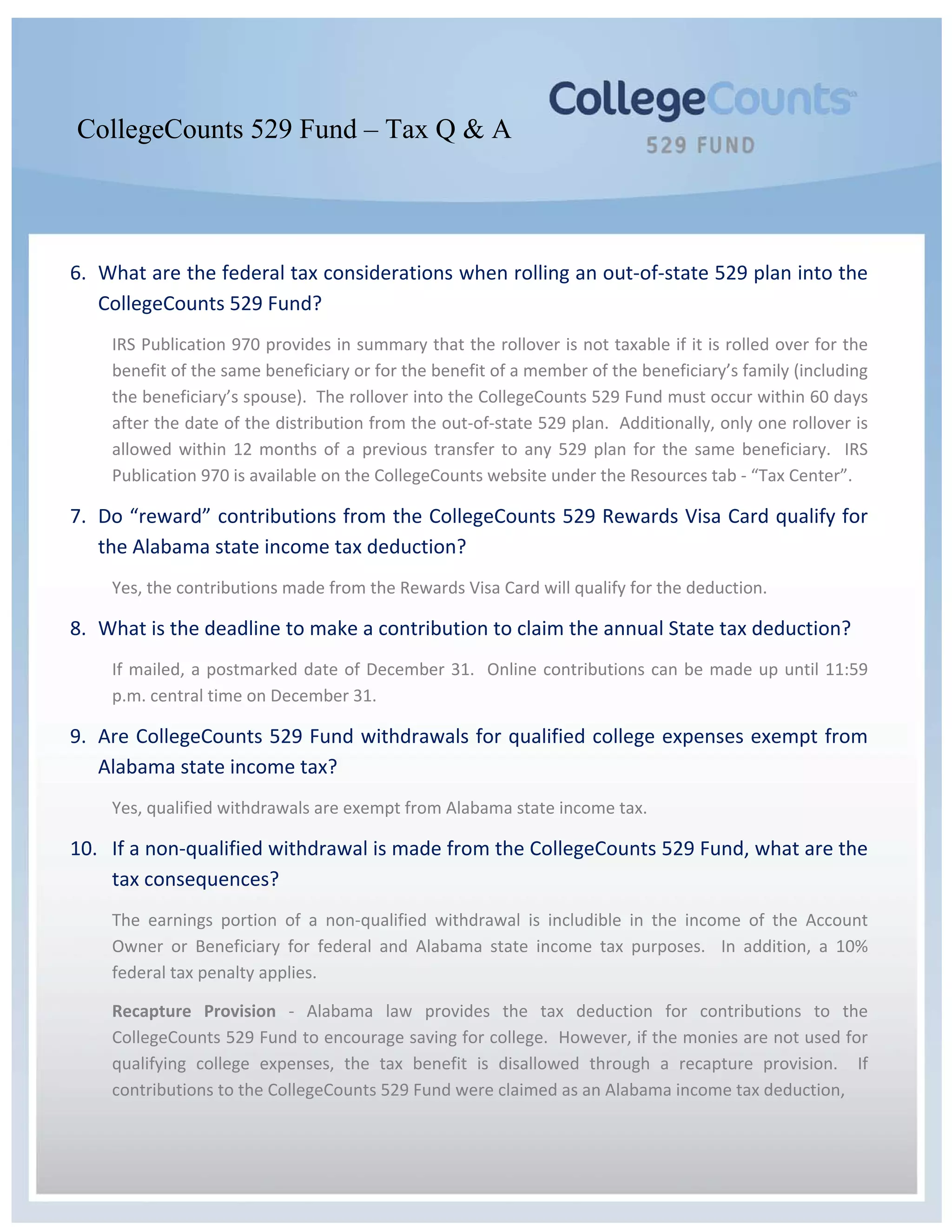 State of Alabama College Counts 529 Tax Q&A | PDF