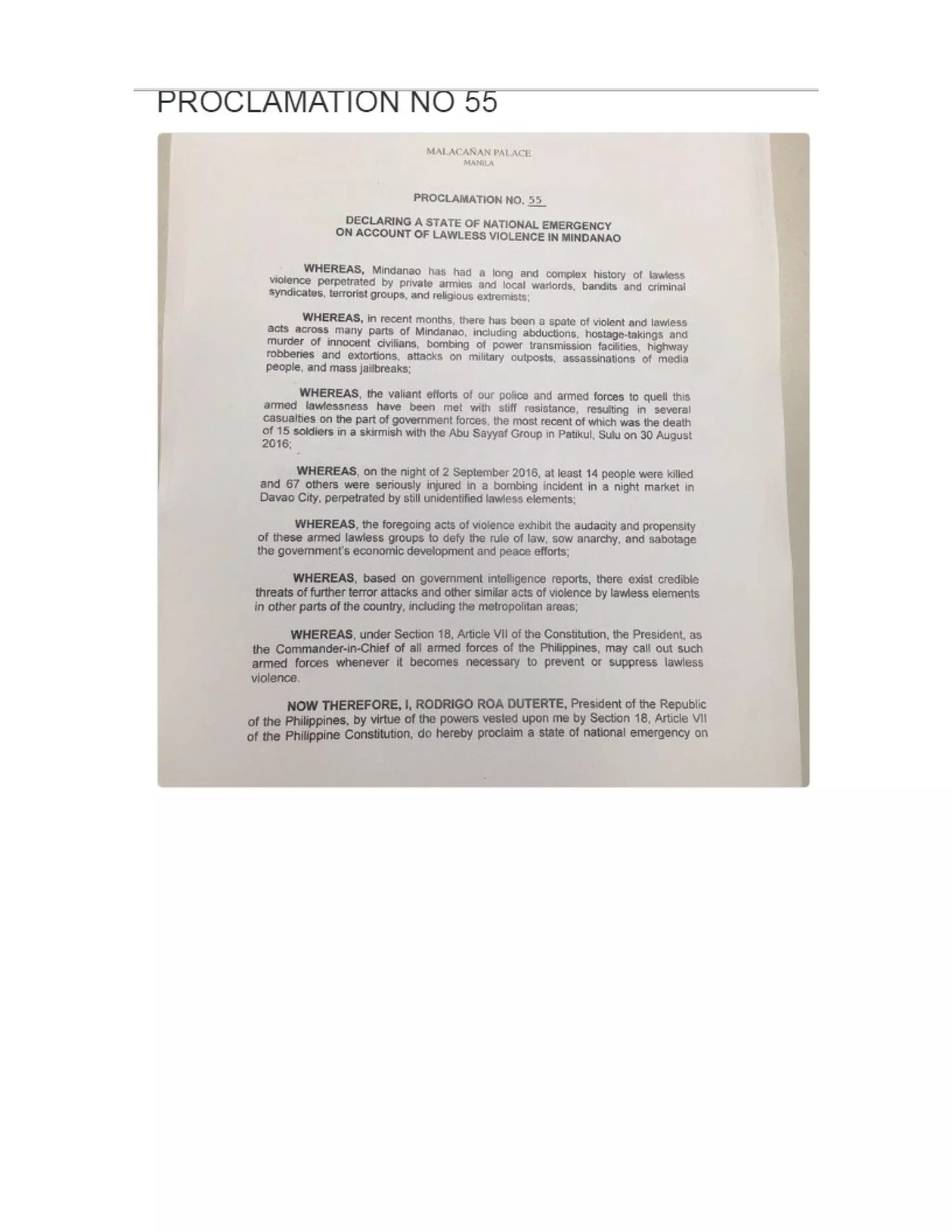 President Duterte's State of National Emergency = Proclamation no. 55 | PDF
