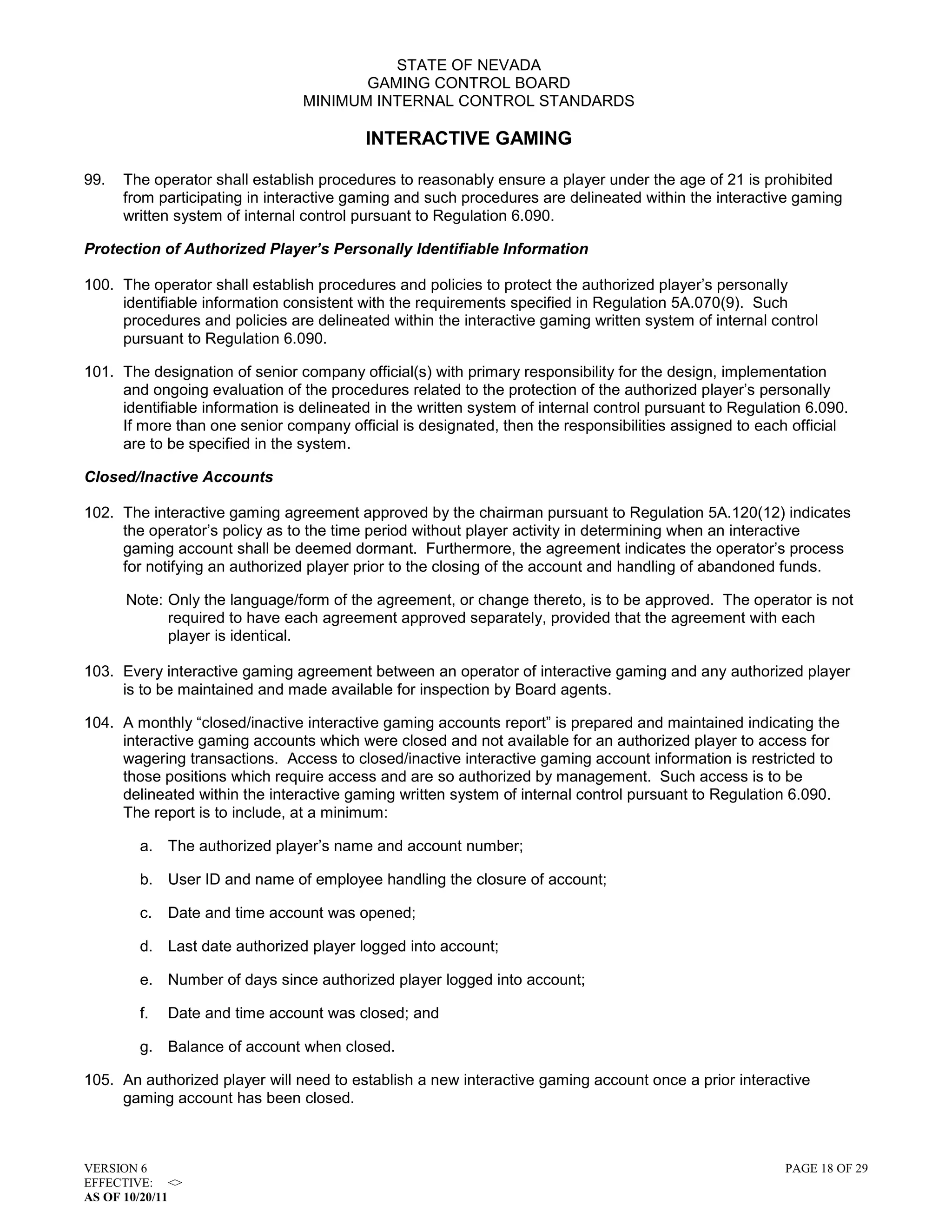 State of Nevada gaming control board minimal internal control standards ...