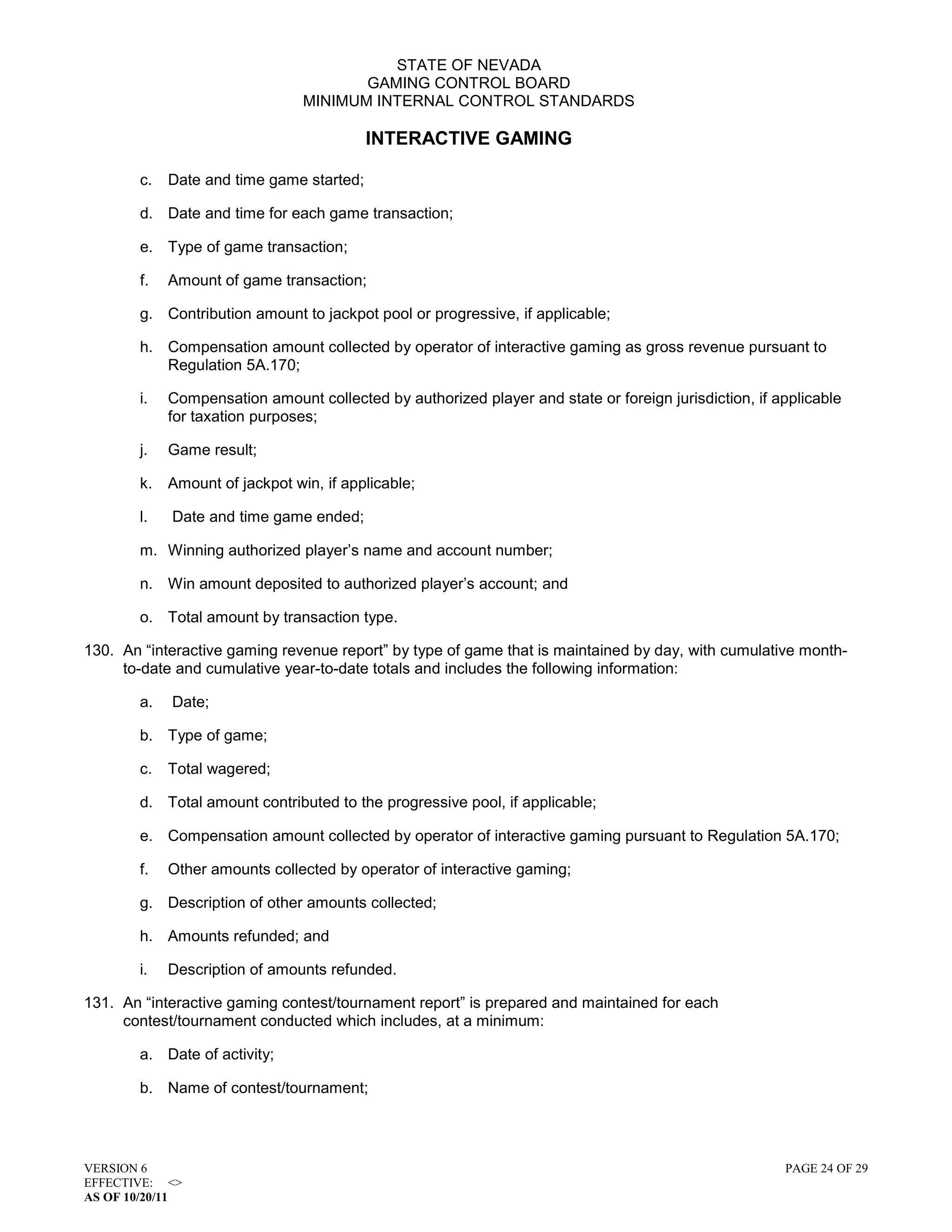 State of Nevada gaming control board minimal internal control standards ...