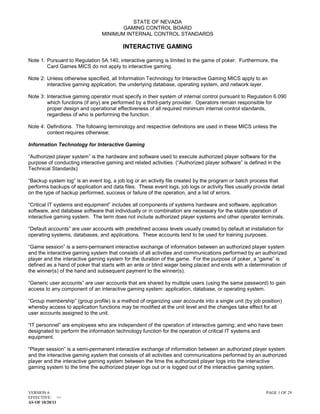 State of Nevada gaming control board minimal internal control standards ...