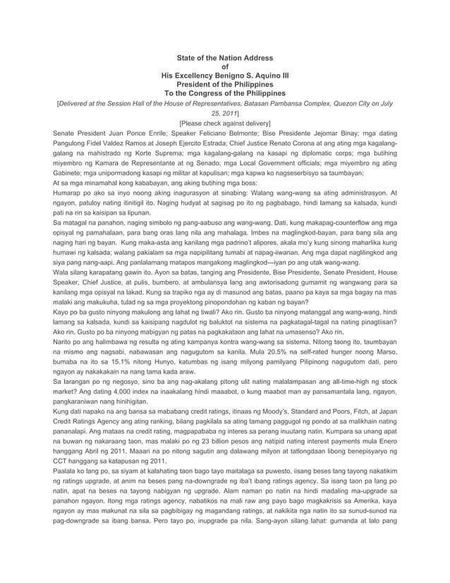 State of the nation address of His Excellency Benigno S. Aquino III, 25 ...