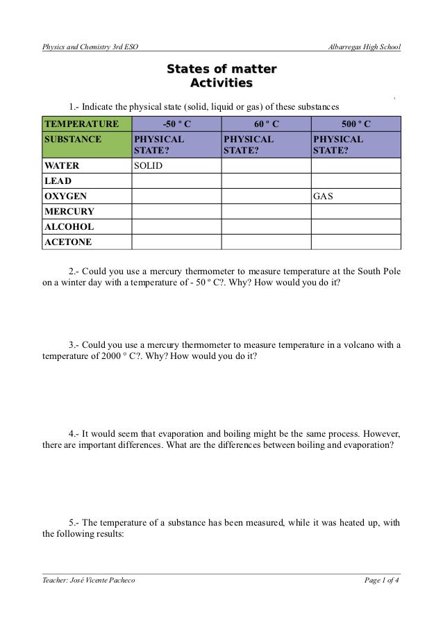 States Of Matter Worksheet High School