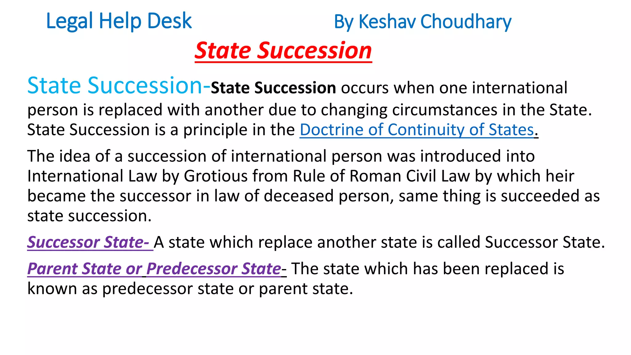 State succession,Kinds, Theories & consequences of state succession. | PPTX