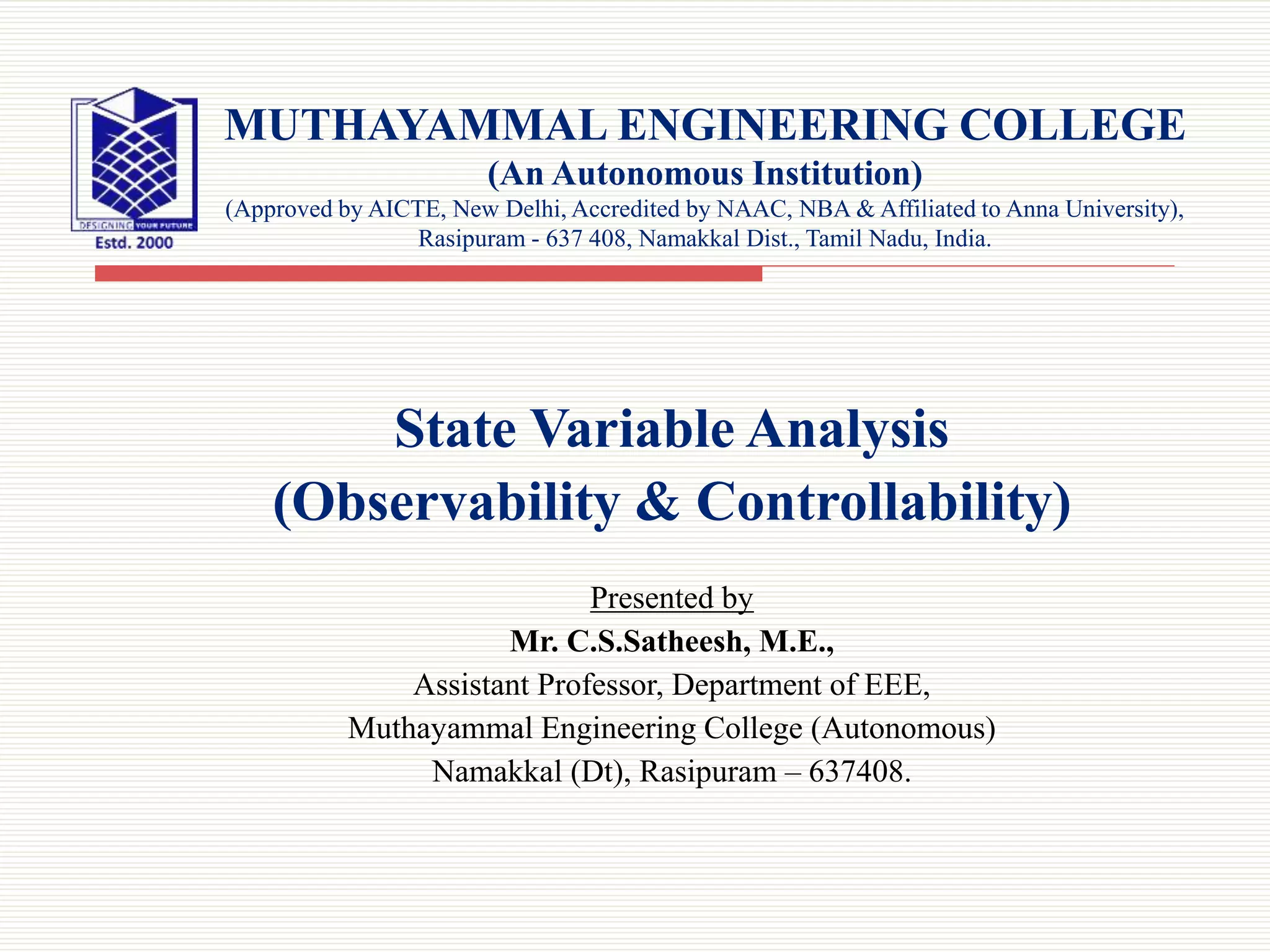 State Variable Analysis Observability And Controllability Ppt Science