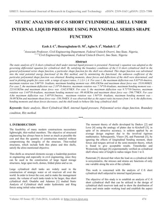 Static analysis of c s short cylindrical shell under internal liquid ...
