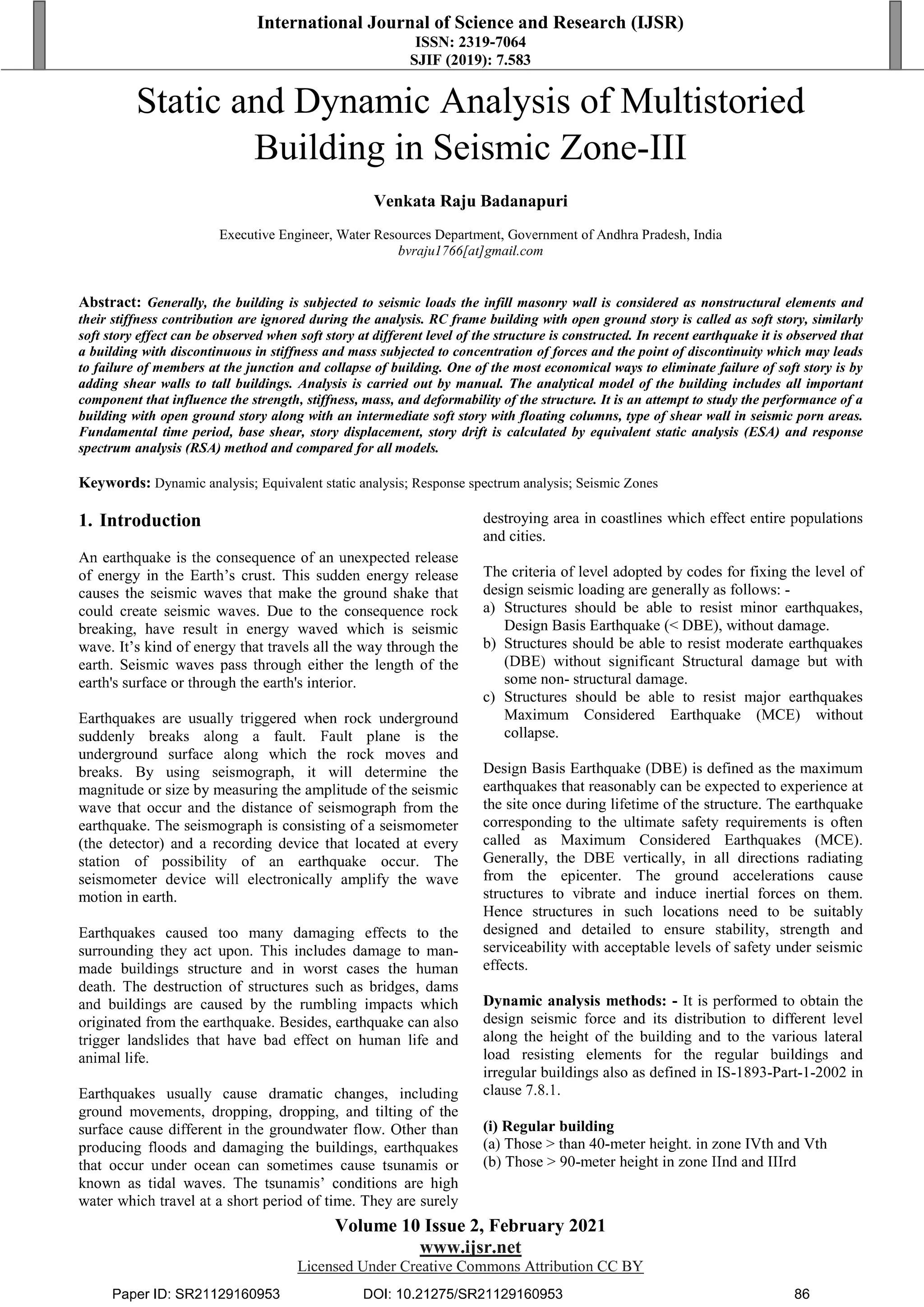 Static and Dynamic Analysis of Multi - storied Building in Seismic Zones.pdf