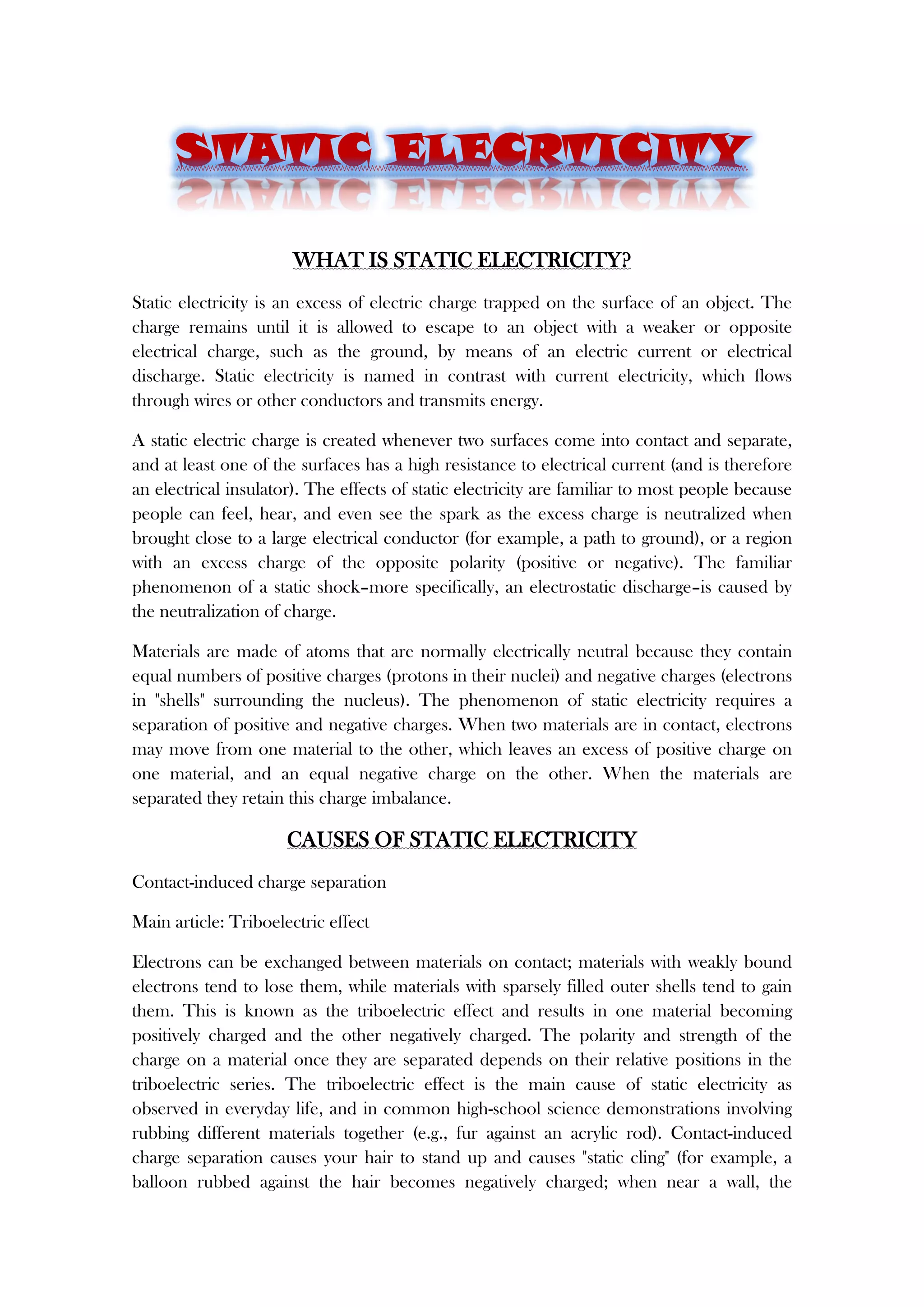 Static elecrticity | PDF | Chemistry | Science