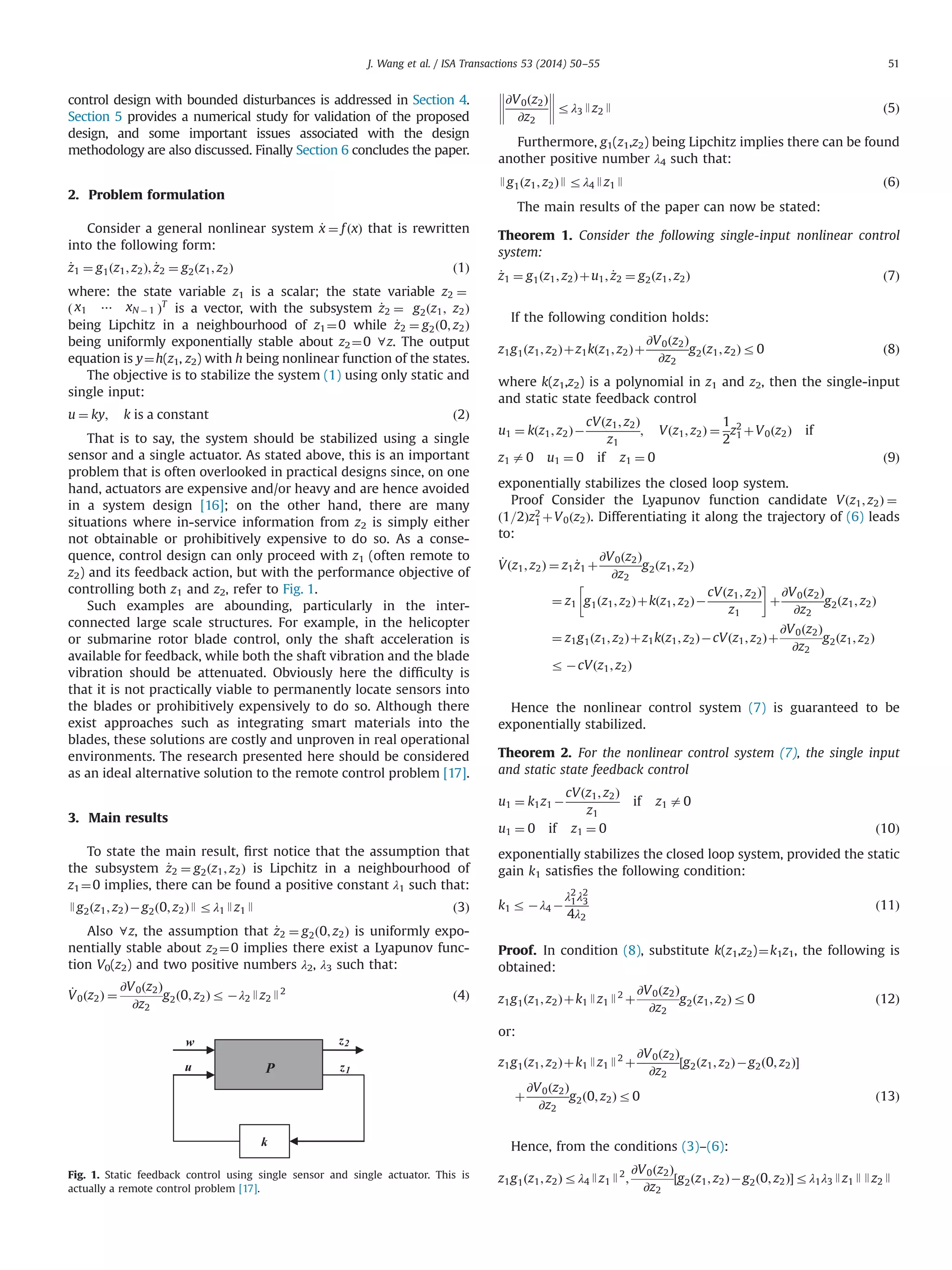 Static feedback stabilization of nonlinear systems with single sensor and single actuator | PDF