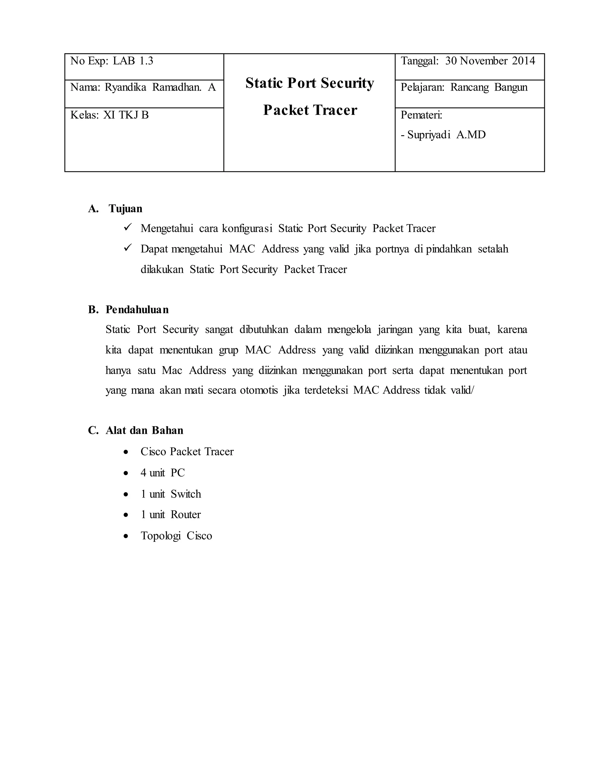 Static port security packet tracer | DOCX