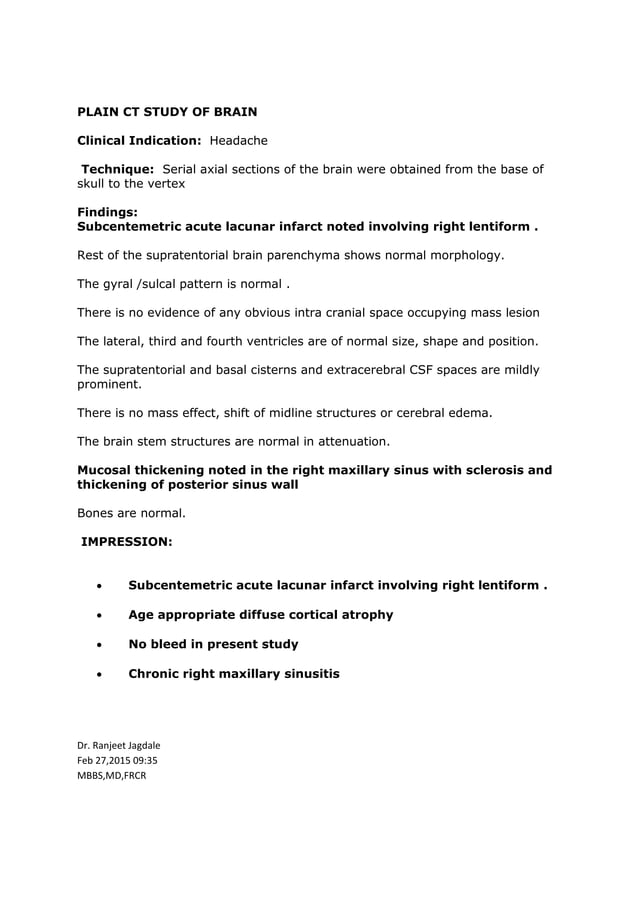 Statim healthcare CT Scan Sample Reports | PDF